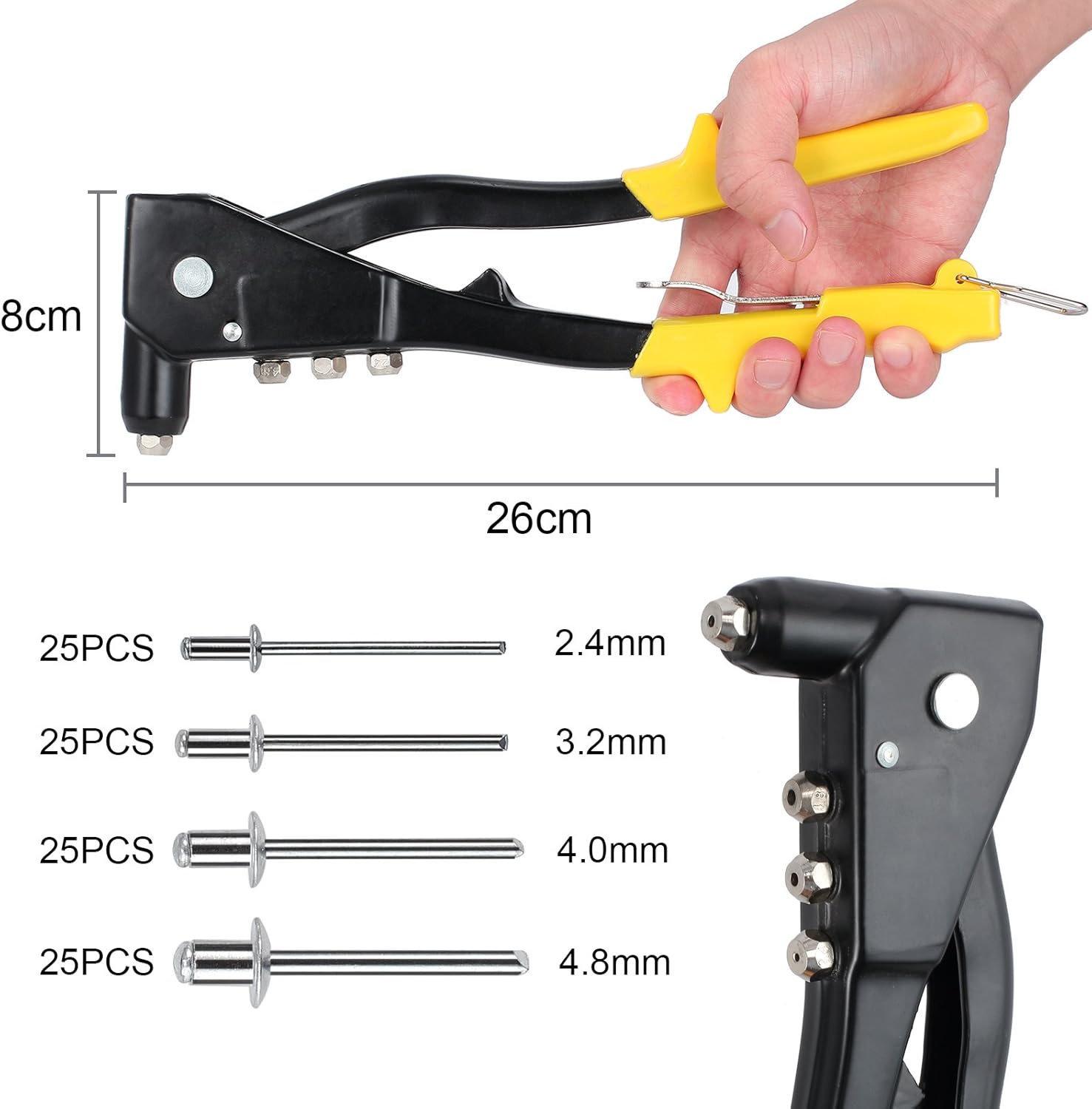 Rivet Gun Set Heavy Duty Rivet Gun with Nut 200 Rivets 2.4mm 3.2mm 4mm ...