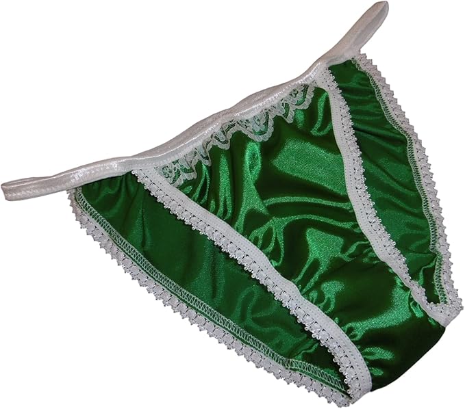 Shiny Satin String Bikini Mini Tanga Panties Emerald Green with Ivory ...