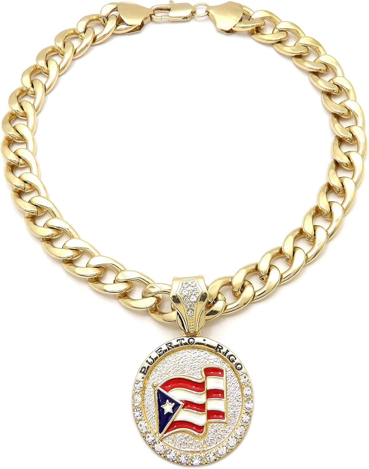 NYFASHION101 Stone Stud Puerto Rico Flag Medal Pendant with 11mm Cuban ...