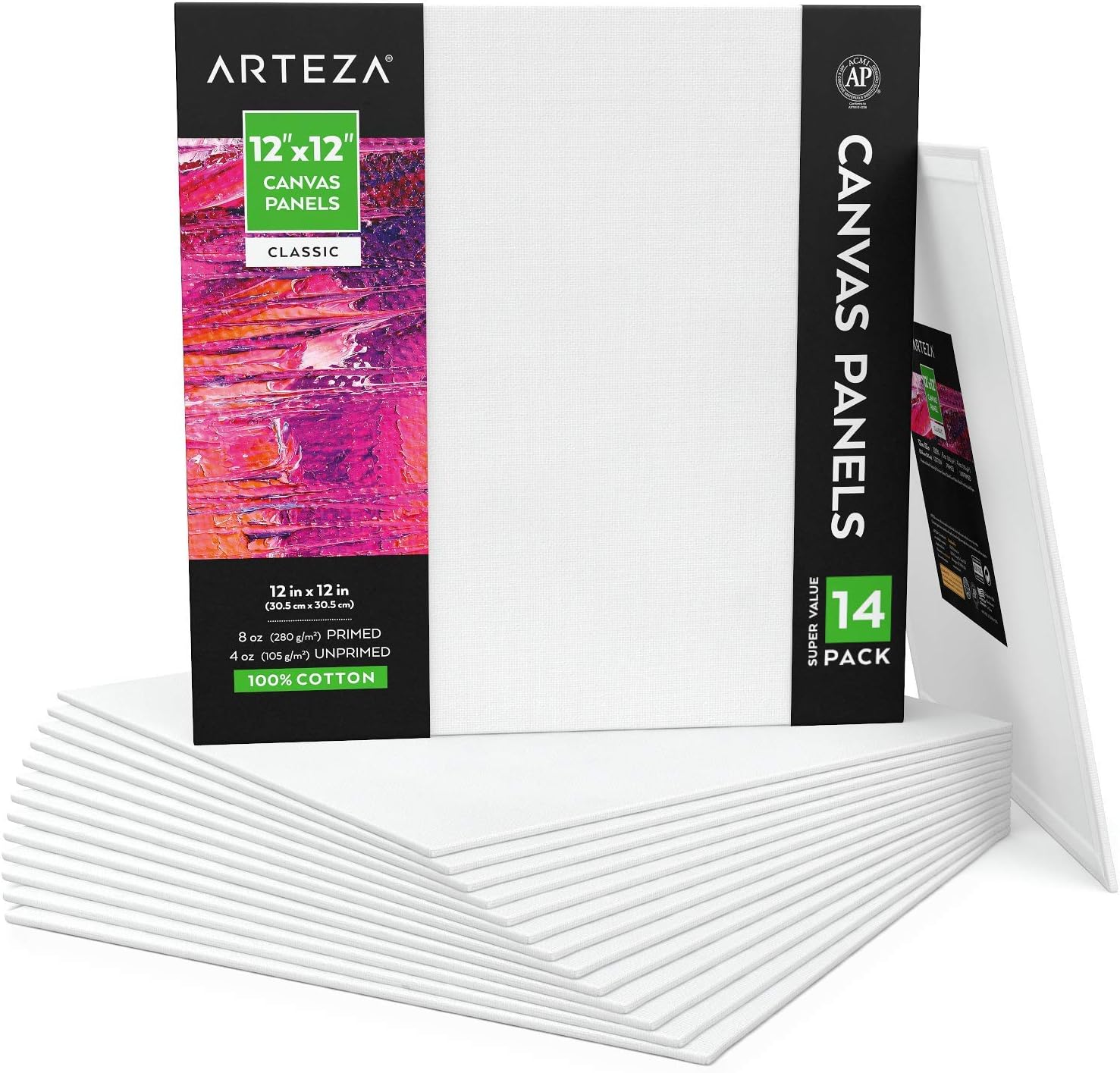 Arteza 30 x 30 cm (12″x12”) Blank Canvas Board Set, Pack of 14, 100% ...
