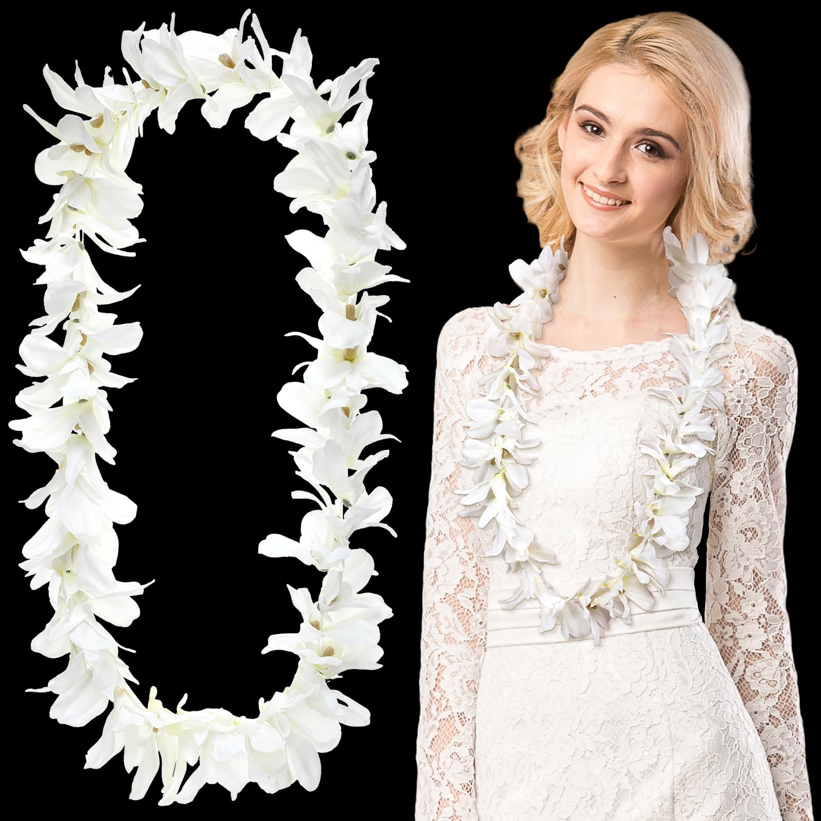 Daifunli White Orchid Lei Hawaiian Luau Lei Graduation Lei Artificial ...