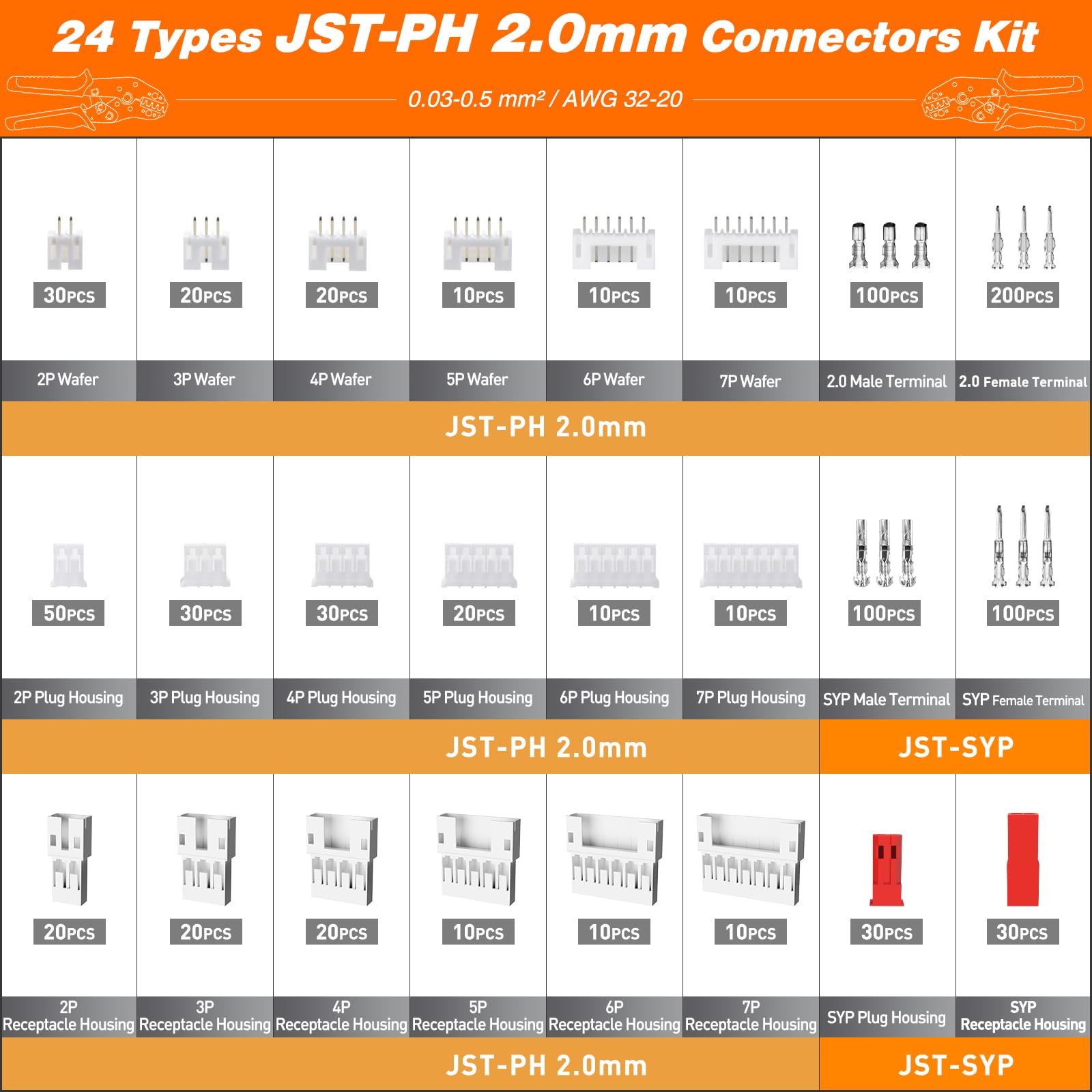 Mua Crimping Tool Connector Kit, 24 Types JST-PH 2.0mm/JST-SYP 2.5mm Connectors Kit, AWG32-20 ...