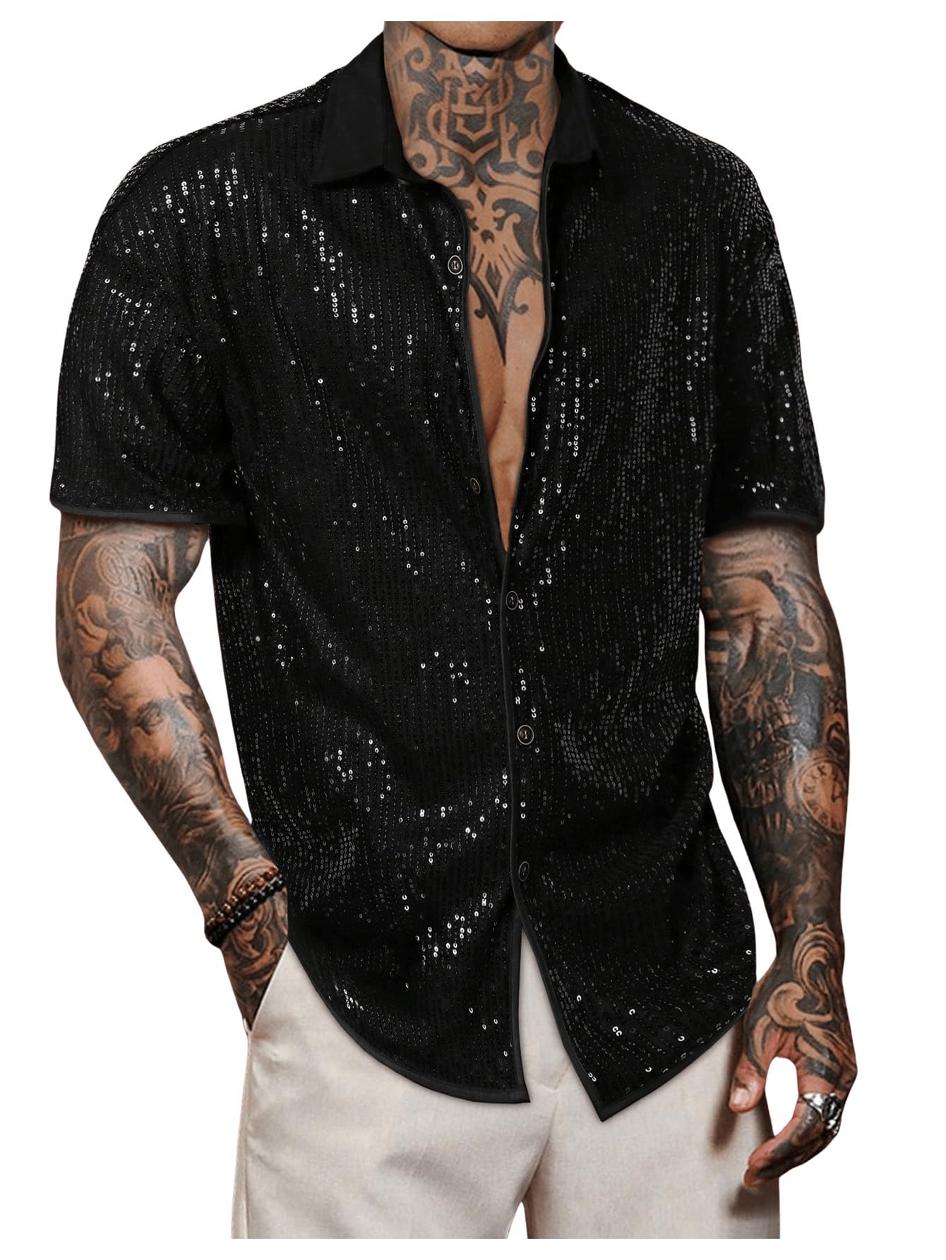 VIPWOLF Men's Sequin Button Down Shirts Sparkle 70s Disco Short Sleeve Party Shirt Tops Black X ...