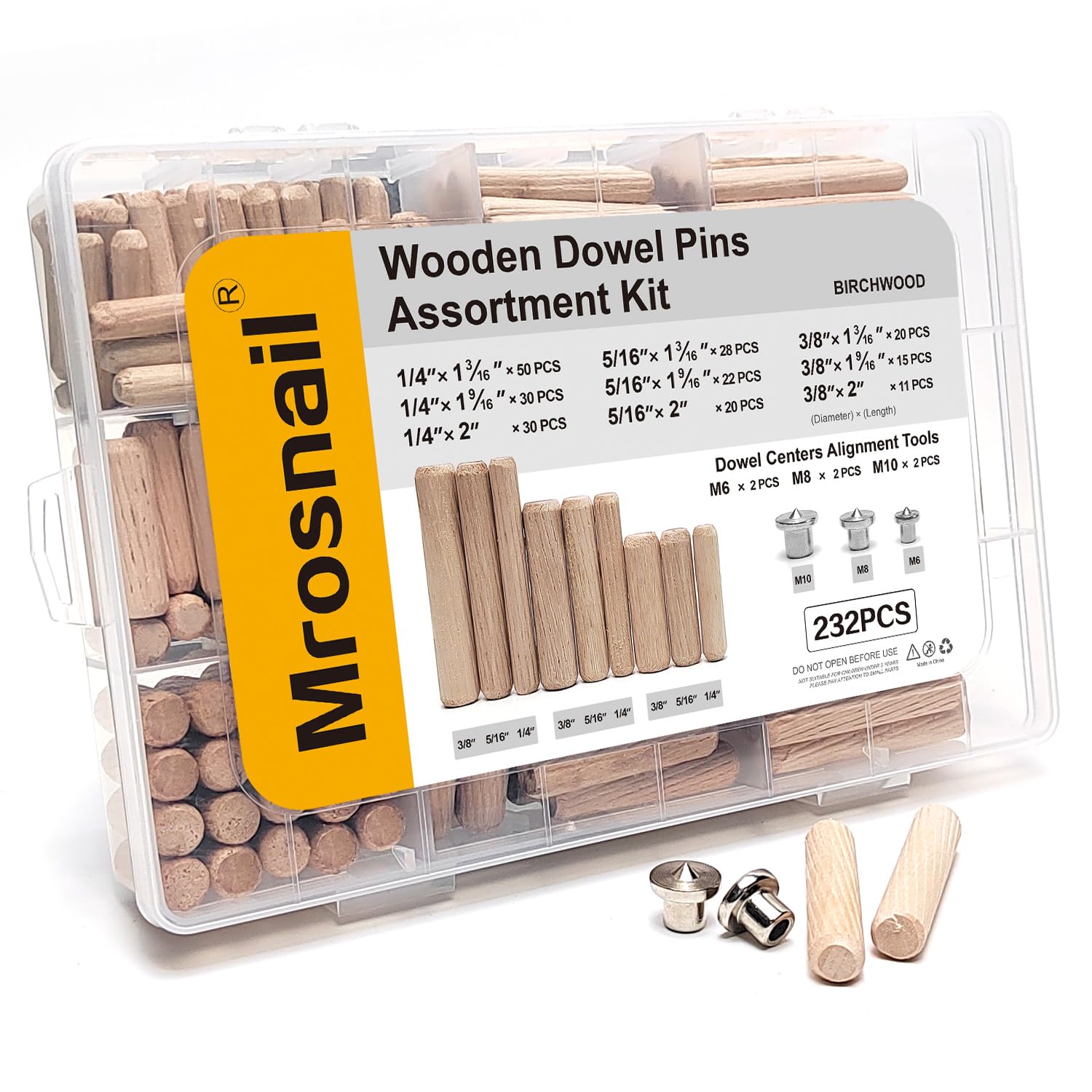 232 Pcs Wooden Dowel Pins in 9 Sizes, 1/4, 5/16, 3/8 inch Fluted Wood ...