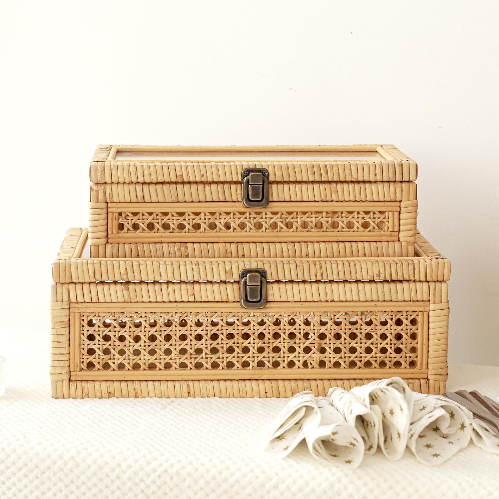 DECOR4SEASON Rattan and Cane Stacking Boxes with Glass Top Lid - Set of ...