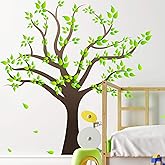 Amazon.com: Buiory Giant Tree Wall Decal Removable Falling Green Leaves ...