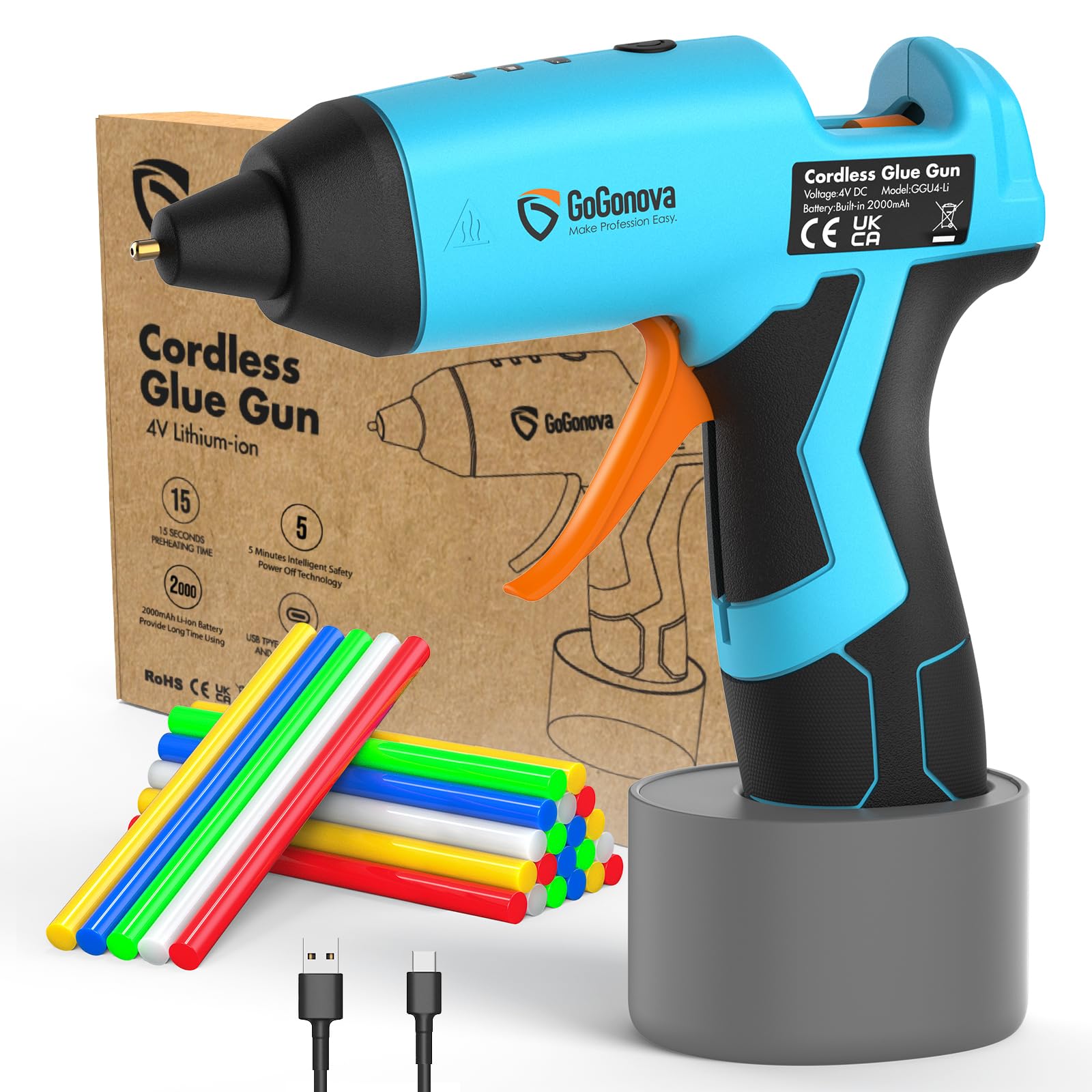 GoGonova Cordless Hot Glue Gun, 15s Fast Preheating with Built-in ...