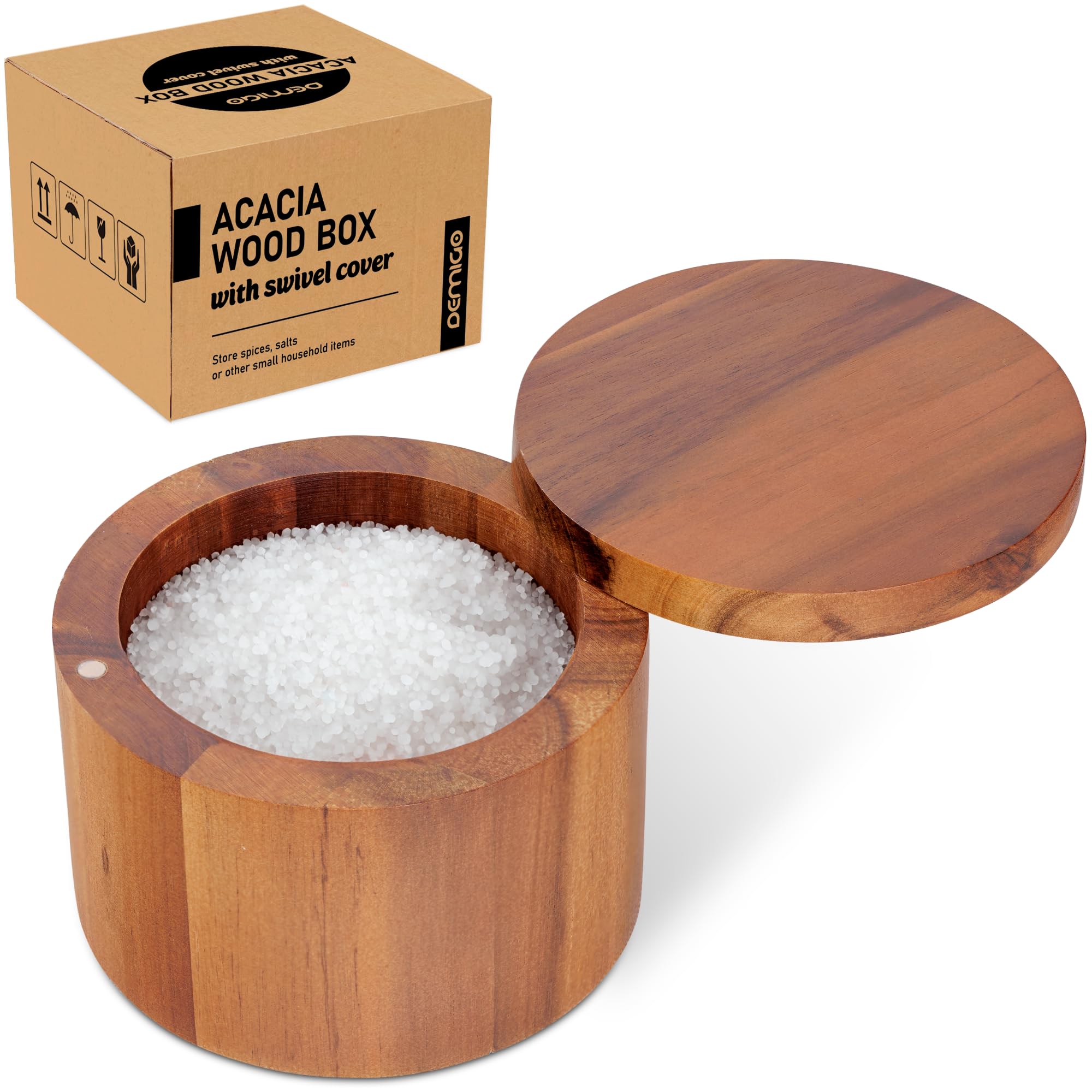Acacia Salt Cellar 9 Ounces Capacity, Wood Salt Box With Swivel Cover ...