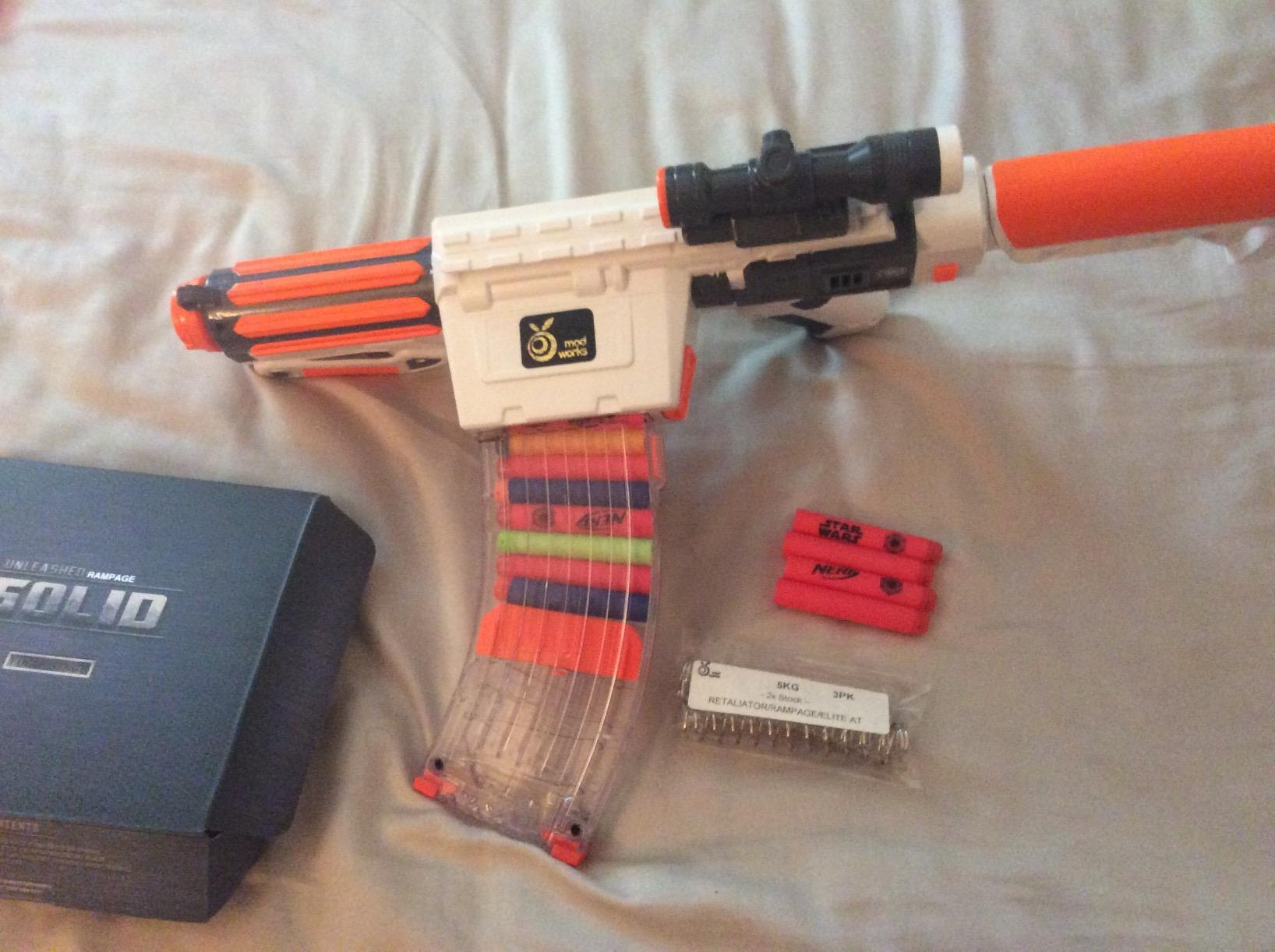 Nerf Elite Rampage reshell; stock 56 FPS/ OMW 5kg spring w/ x2 Elite o ...