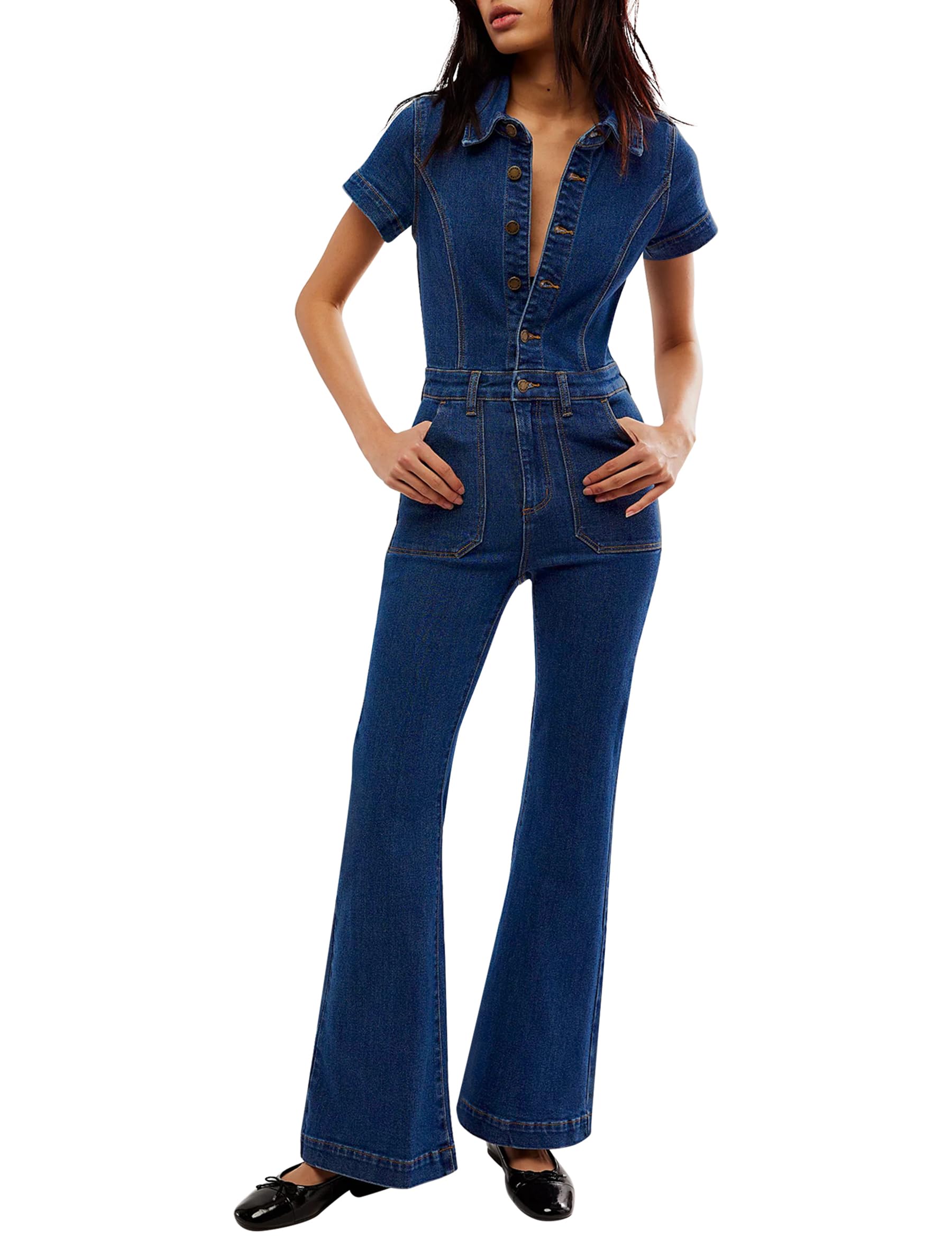 Qazel Vorrlon Denim Jumpsuit for Women Flare Wide Leg Blue Jean Jumper ...