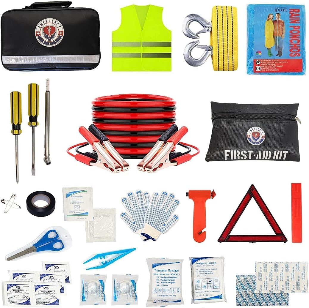 Roadside Assistance Emergency Car Kit - First Aid Kit, Jumper Cables ...