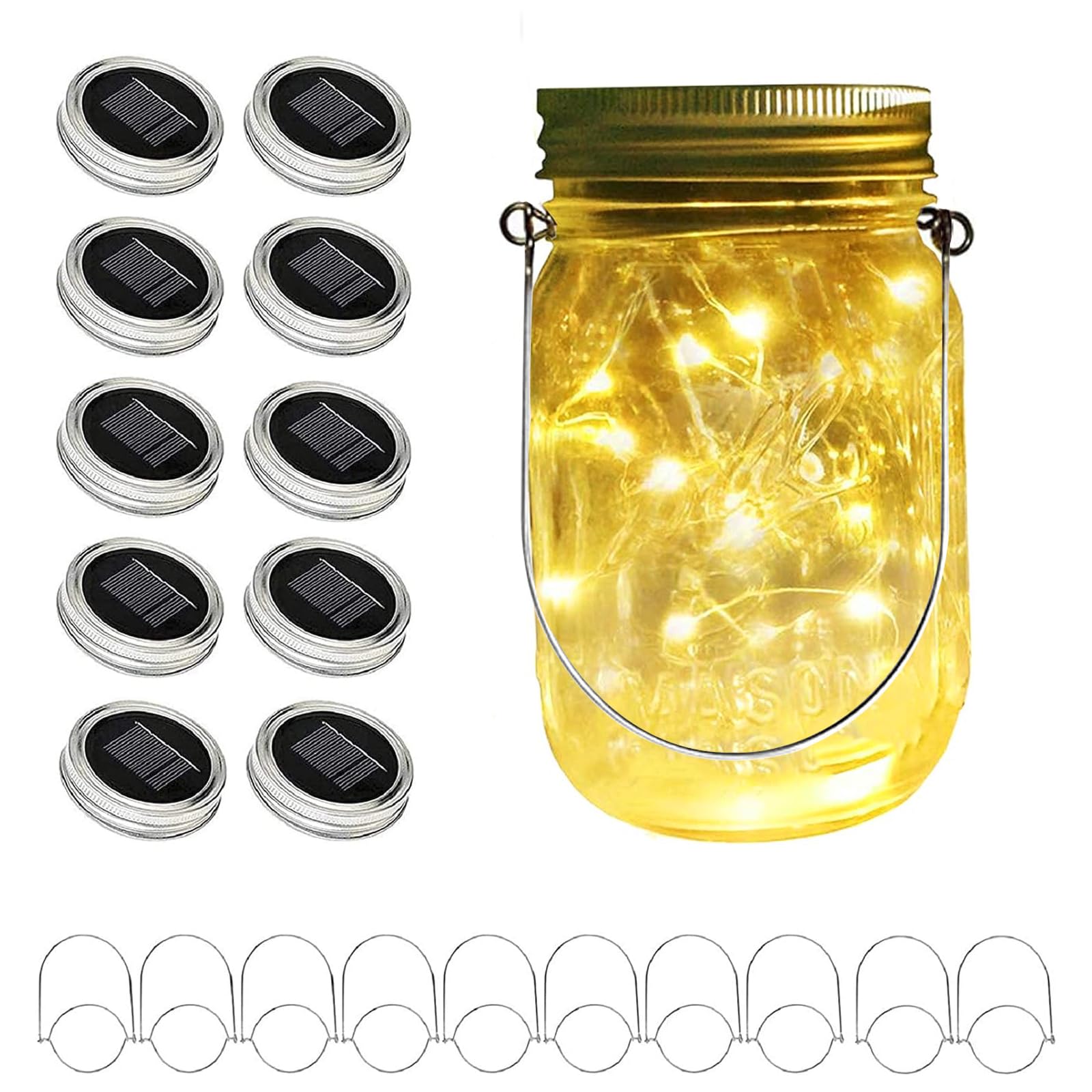 ANGMLN Solar Mason Jar Lights Lids, 10 Pack 30 LED Solar Fairy Lights ...