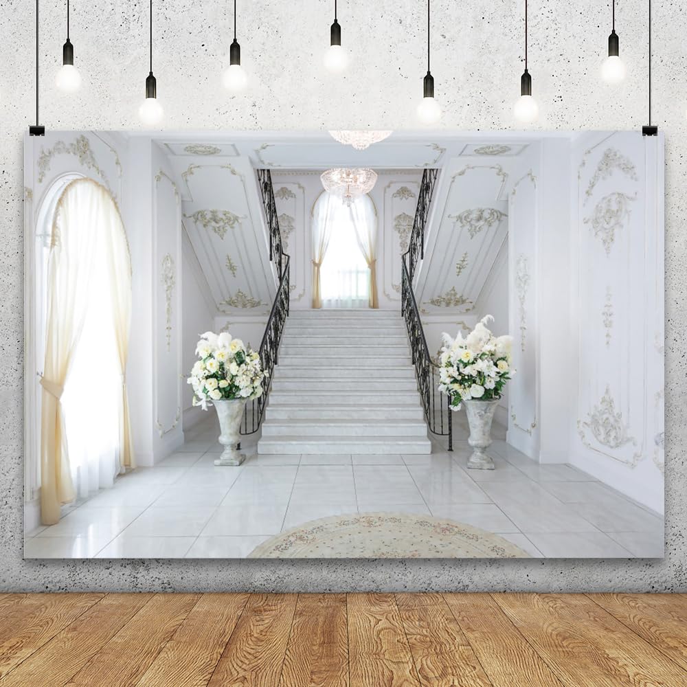European Room Interior Backdrop 5x3ft Arched Window Stairs Chandelier ...