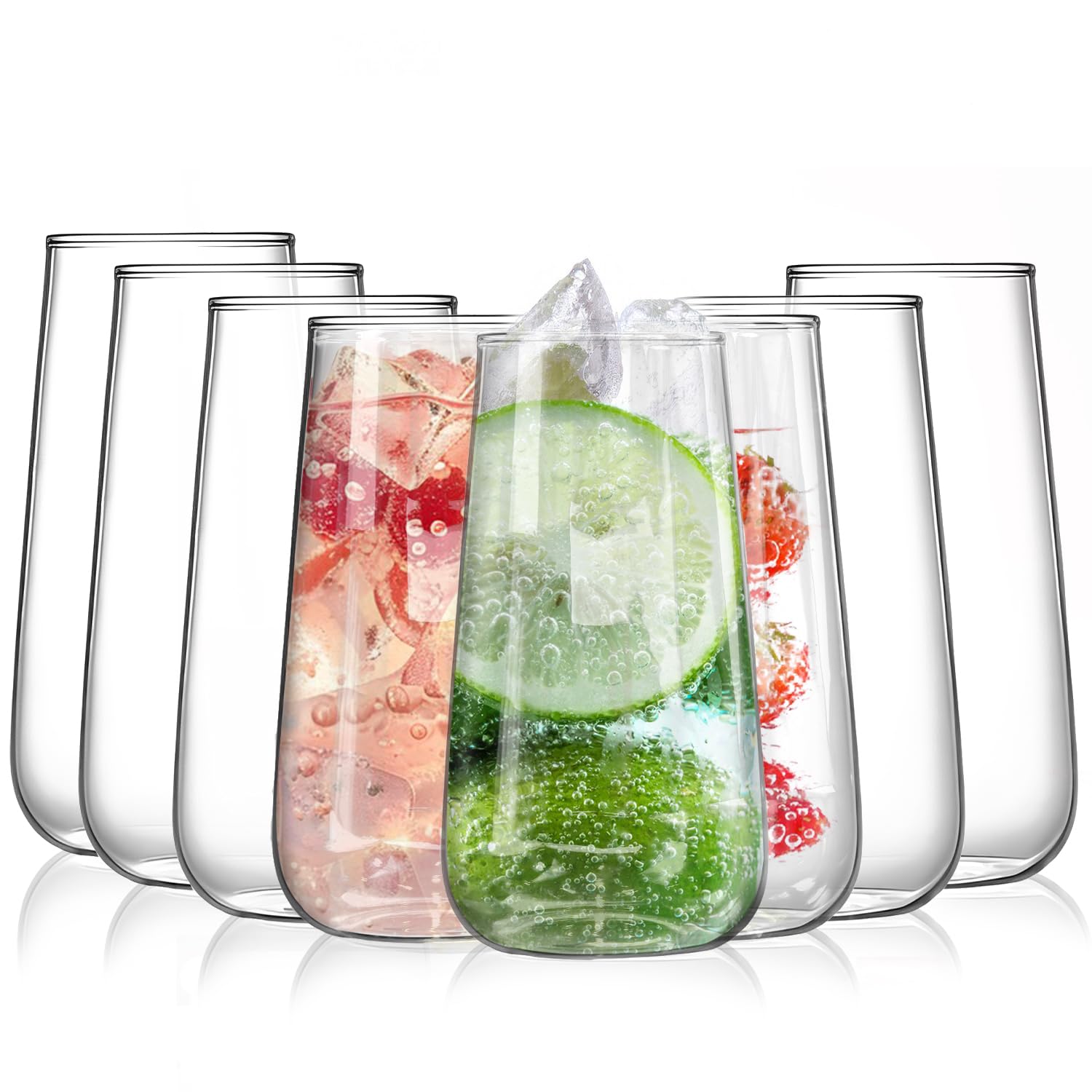Drinking Glasses Set of 8,16oz Highball Glass, Lead-Free Lightweight ...