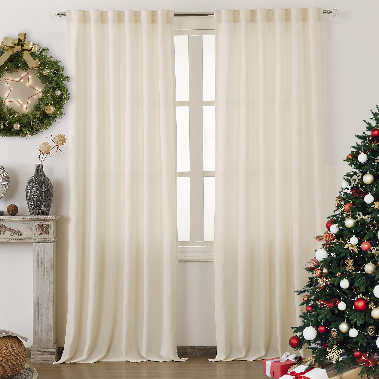 Ftinala Cream Curtains Faux Linen Curtains 108 Inches Long Textured ...