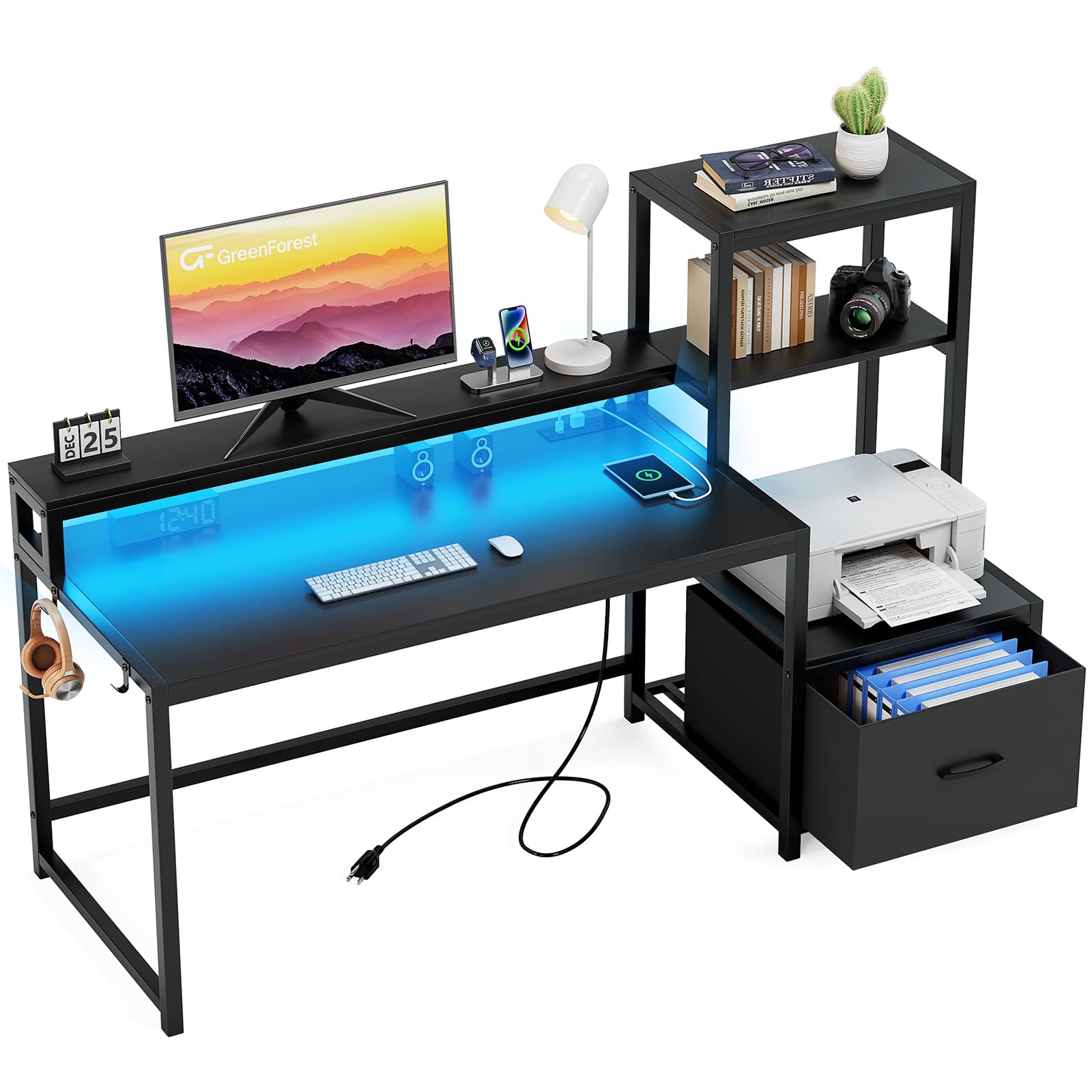 GreenForest Office Desk with Power Outlets and Printer Shelf, 68.8 inch ...