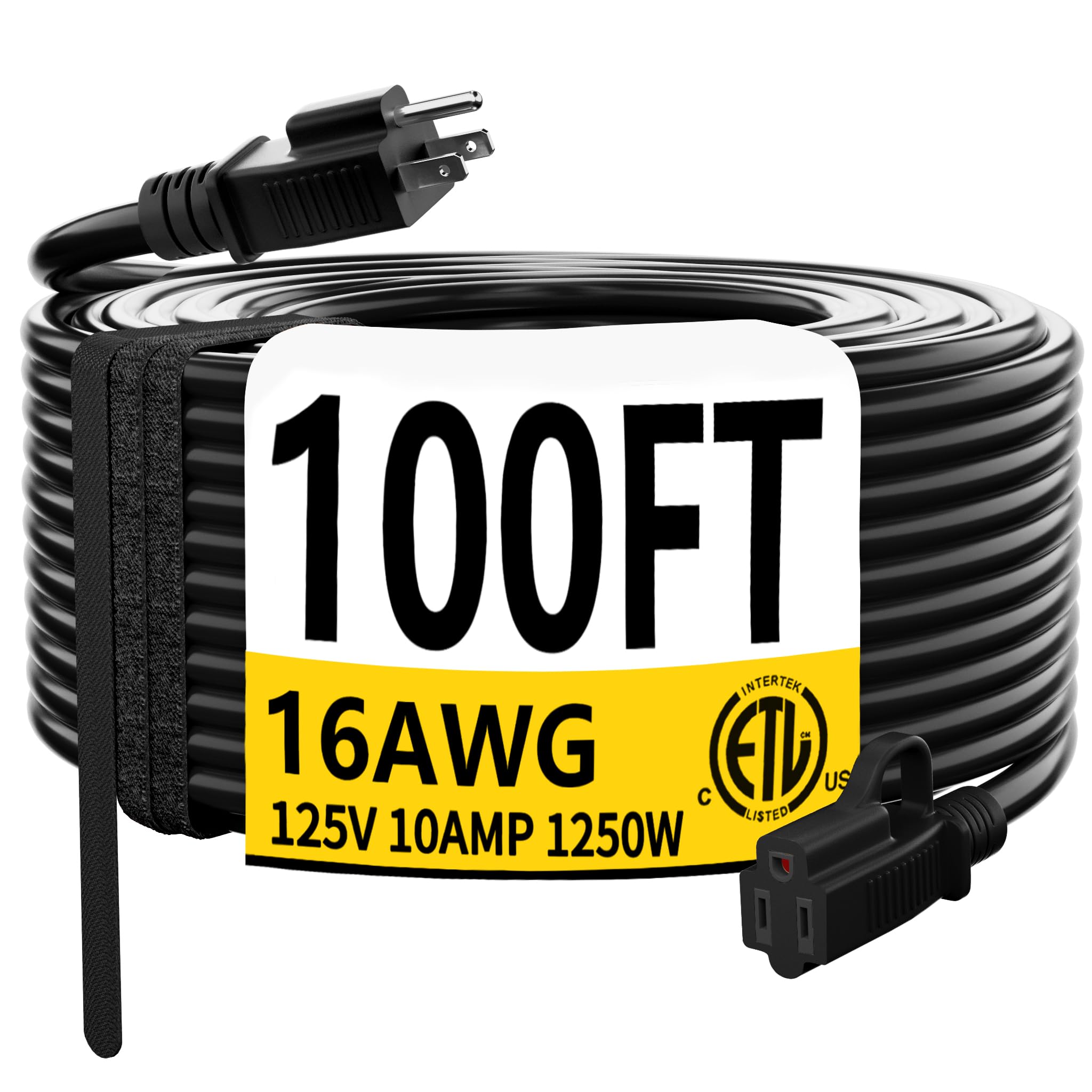 HUANCHAIN Black Outdoor Extension Cord 100 FT Waterproof, Flexible 16/3 ...