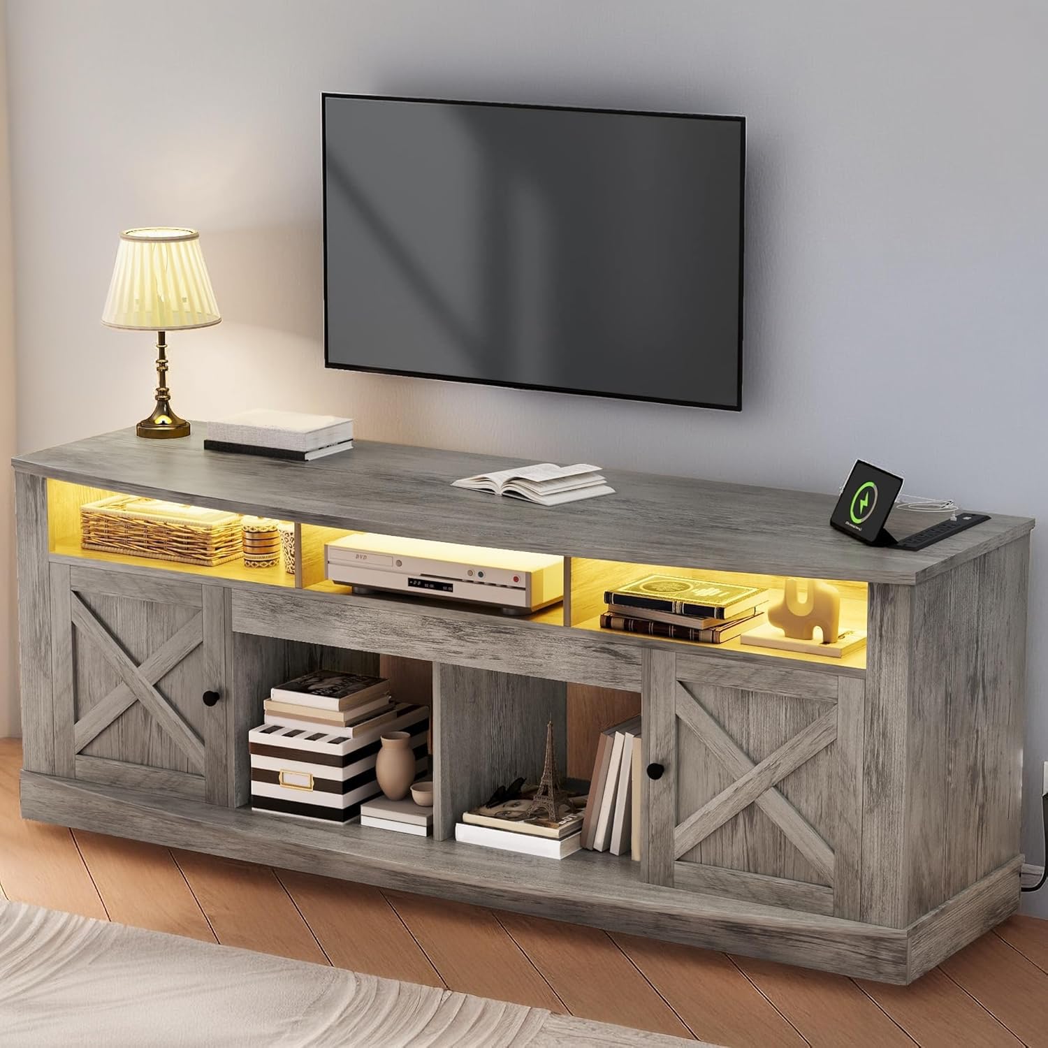 YITAHOME TV Stand for 75/80 Inch TV, Light Rustic Grey Entertainment ...