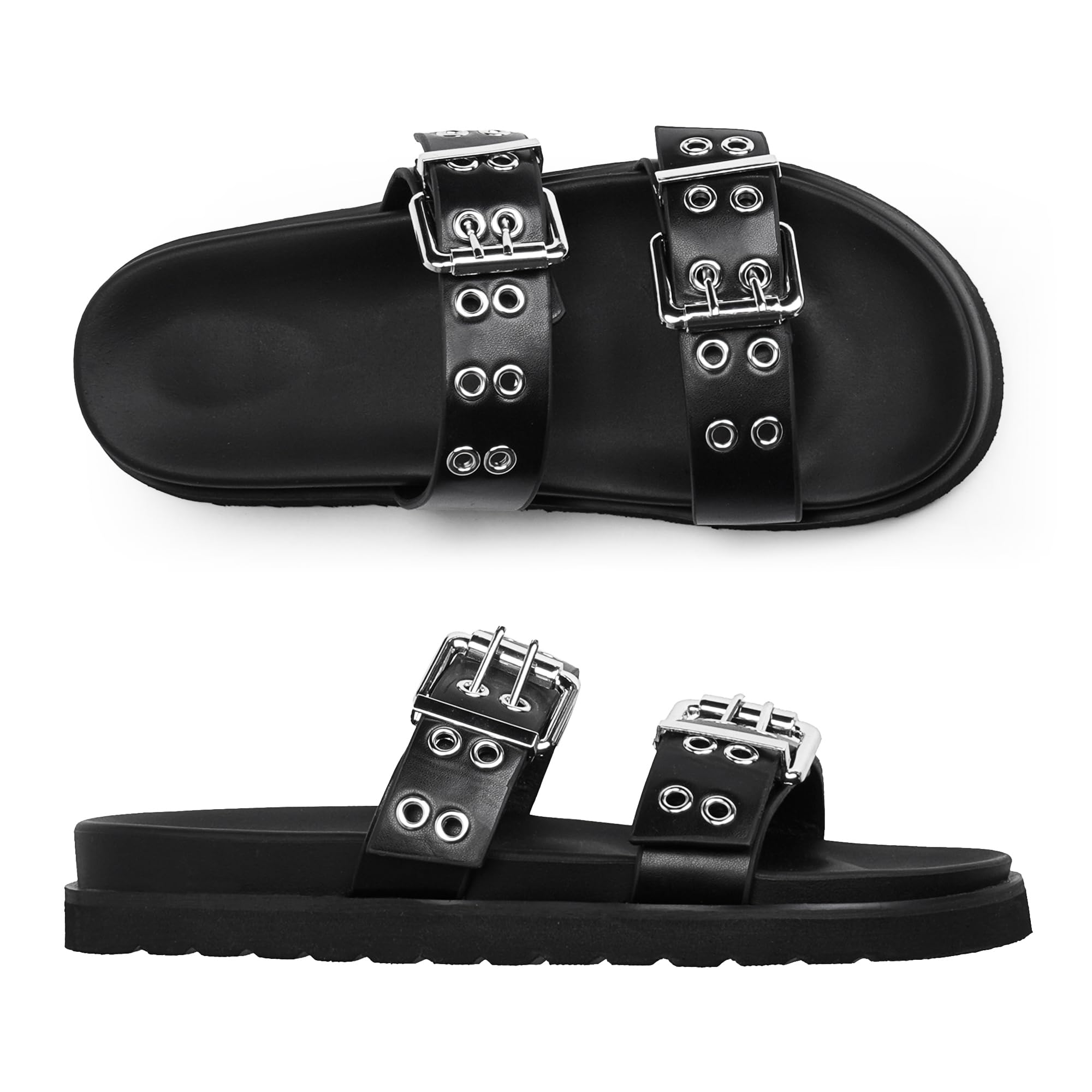 Modatope Black Flat Sandals for Women Double Buckle Adjustable Slides ...