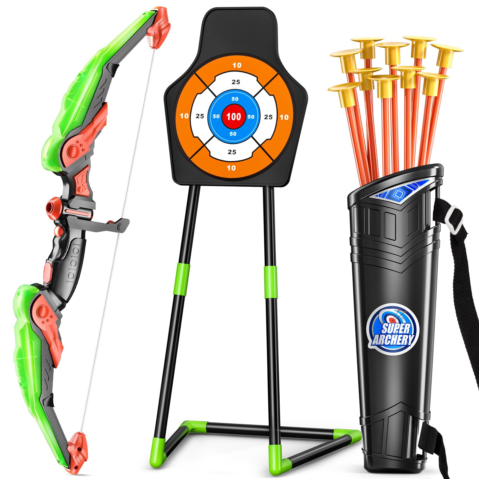 TEMI Bow and Arrow Set for Kids with LED Lights-Archery Set with 10 ...