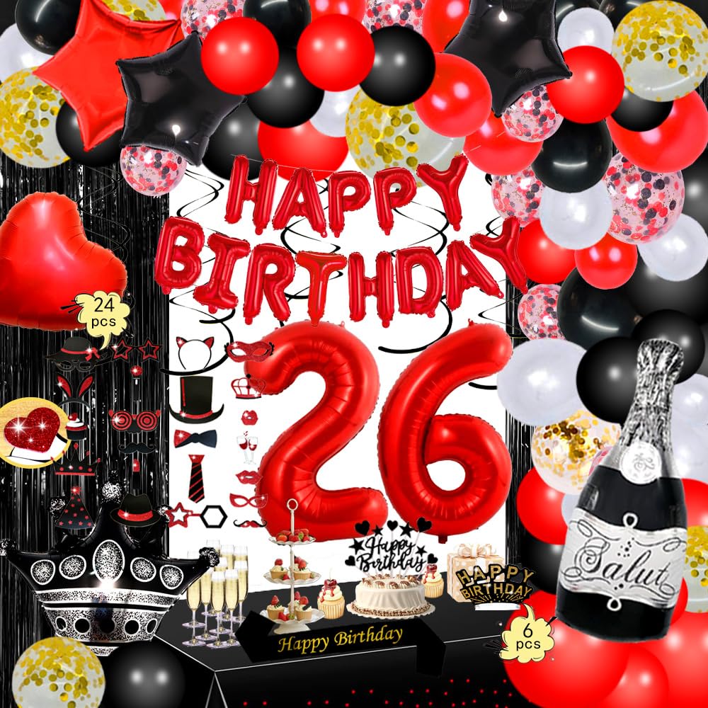 QYIMMIO 26th Happy Birthday Decorations Kit, Red Happy Birthday Banner ...