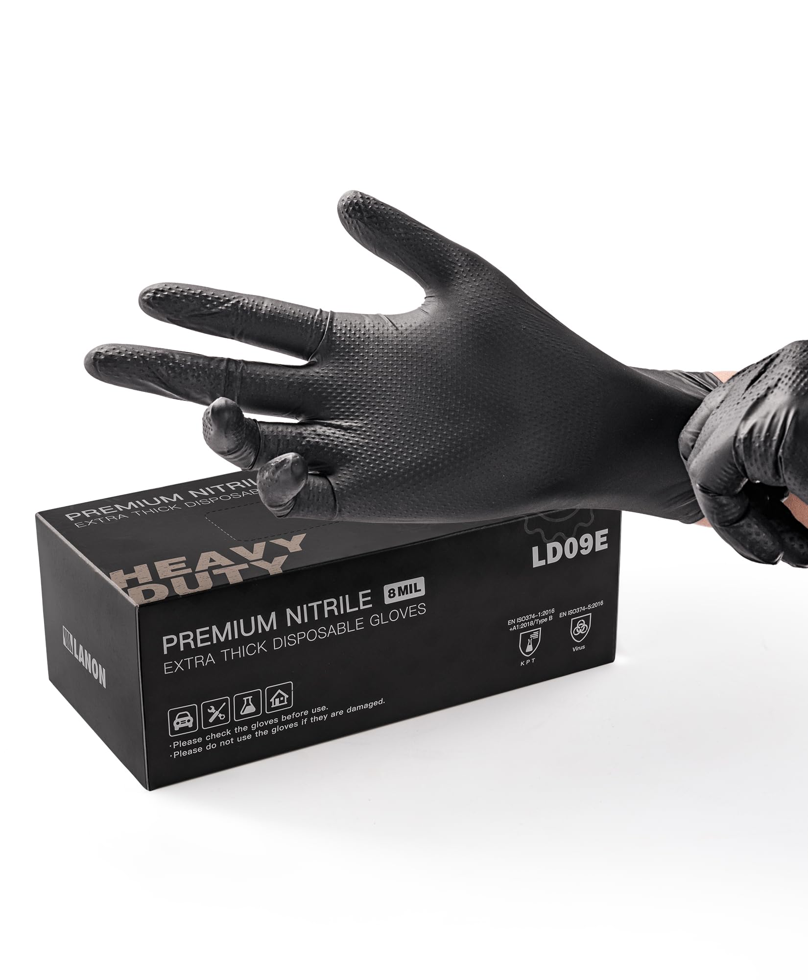 LANON 8 Mil Heavy Duty Black Nitrile Gloves, Food Safe, Powder Free, Mechanic, Fully-Diamond ...