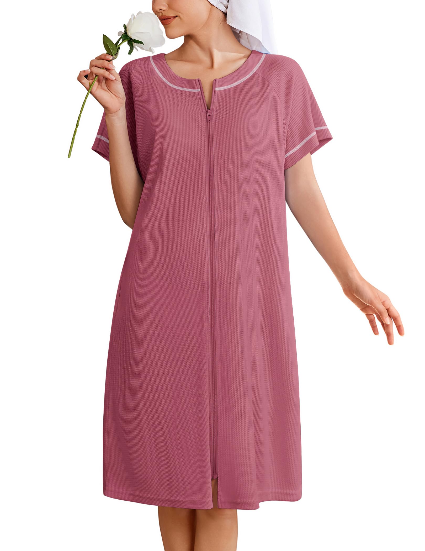 Ekouaer Women Zipper Robe Short Waffle Knit Bathrobe Lightweight ...