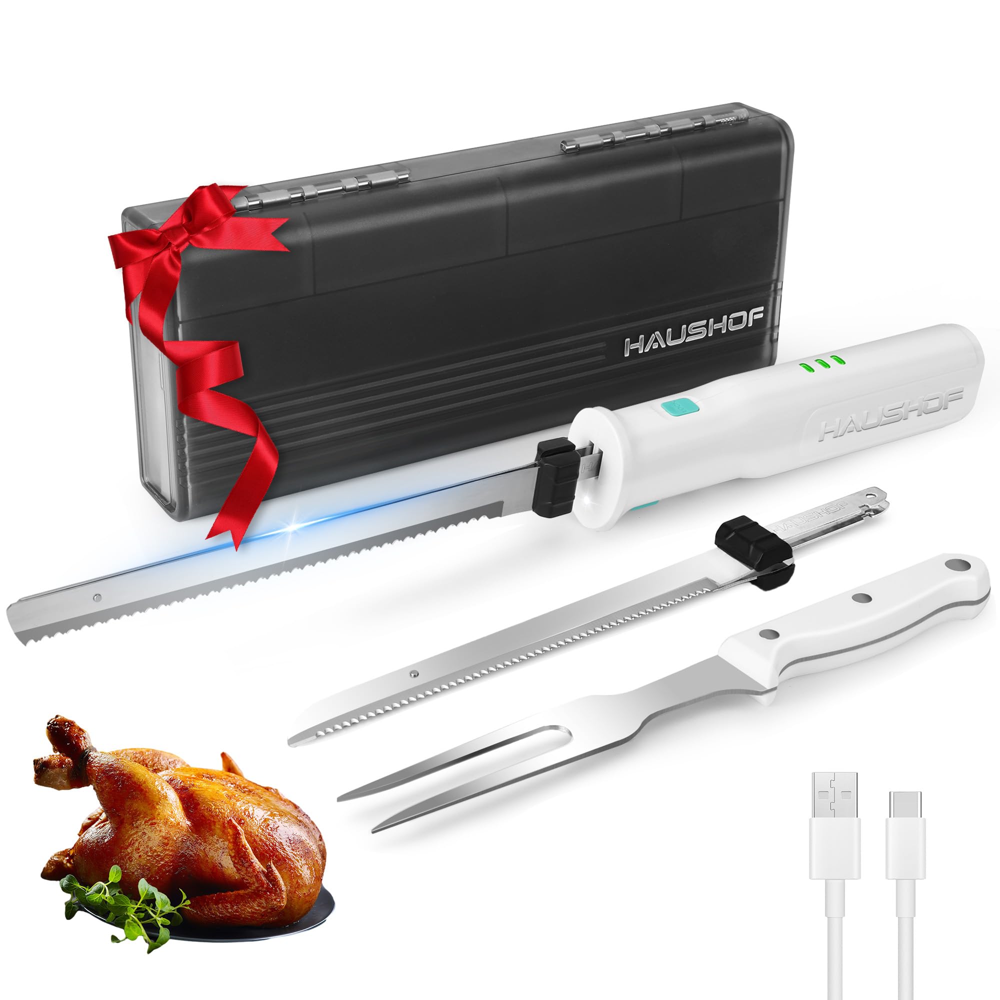 HAUSHOF Cordless Electric Knife Set for Meat Slicing, 8V Electric ...