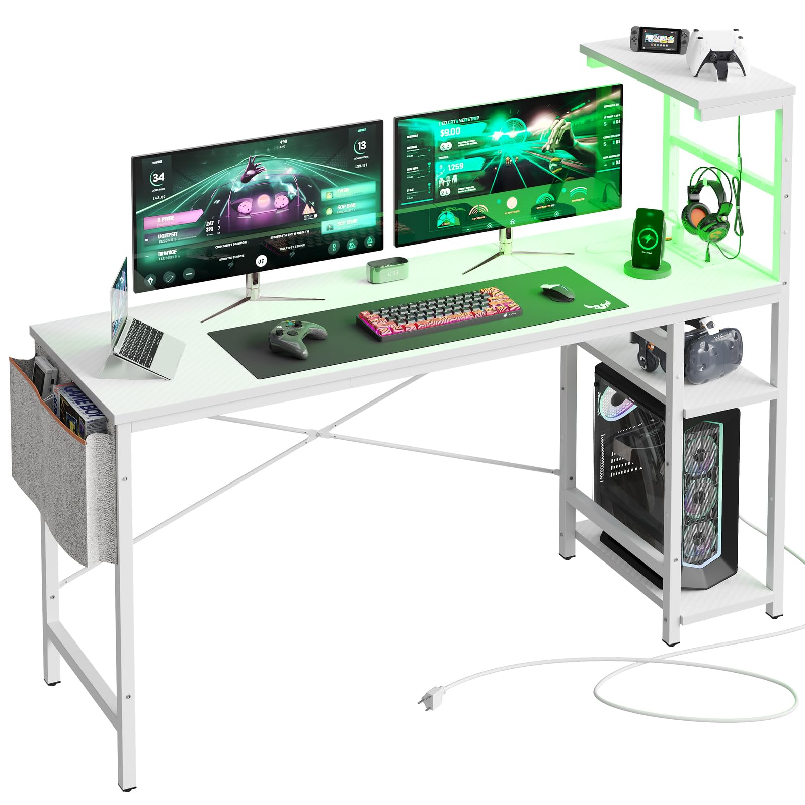 Bestier Gaming Desk with Power Outlets, 61 Inch Large Led Gamer Desk ...