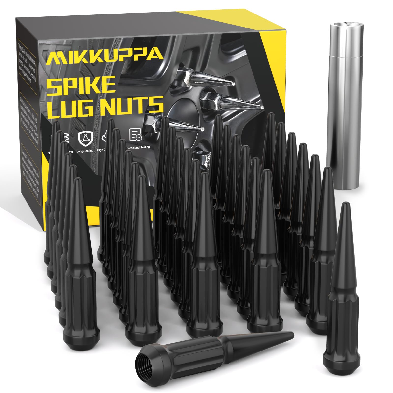 MIKKUPPA M14x1.5 Wheel Spike Black Lug Nuts, 32pcs Black Spike Lug Nuts 14mmx1.5 Solid 4.4" Tall ...