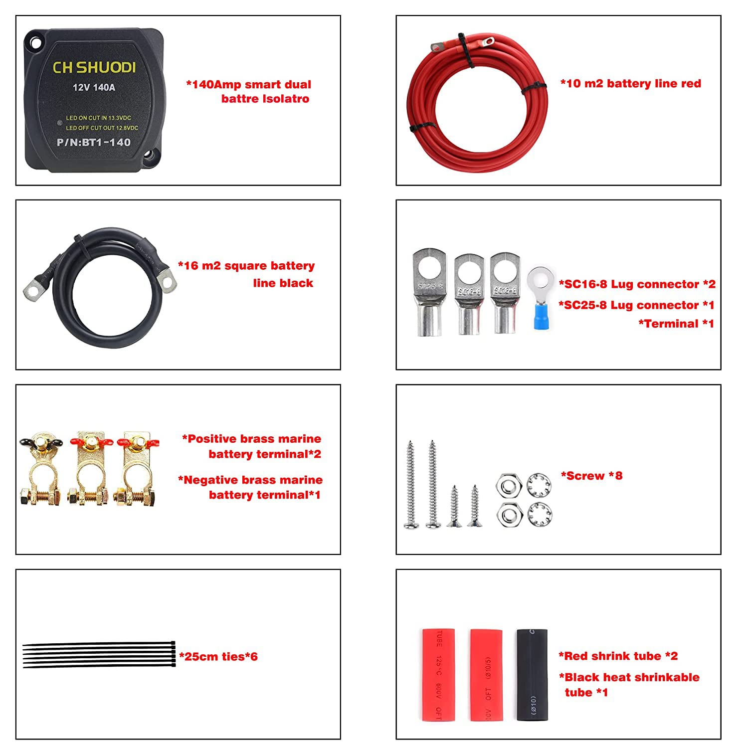 Mua CH SHUODI Dual Battery Isolator Kit 12V 140A Equipped with 19.7-Foot Wires, Battery ...