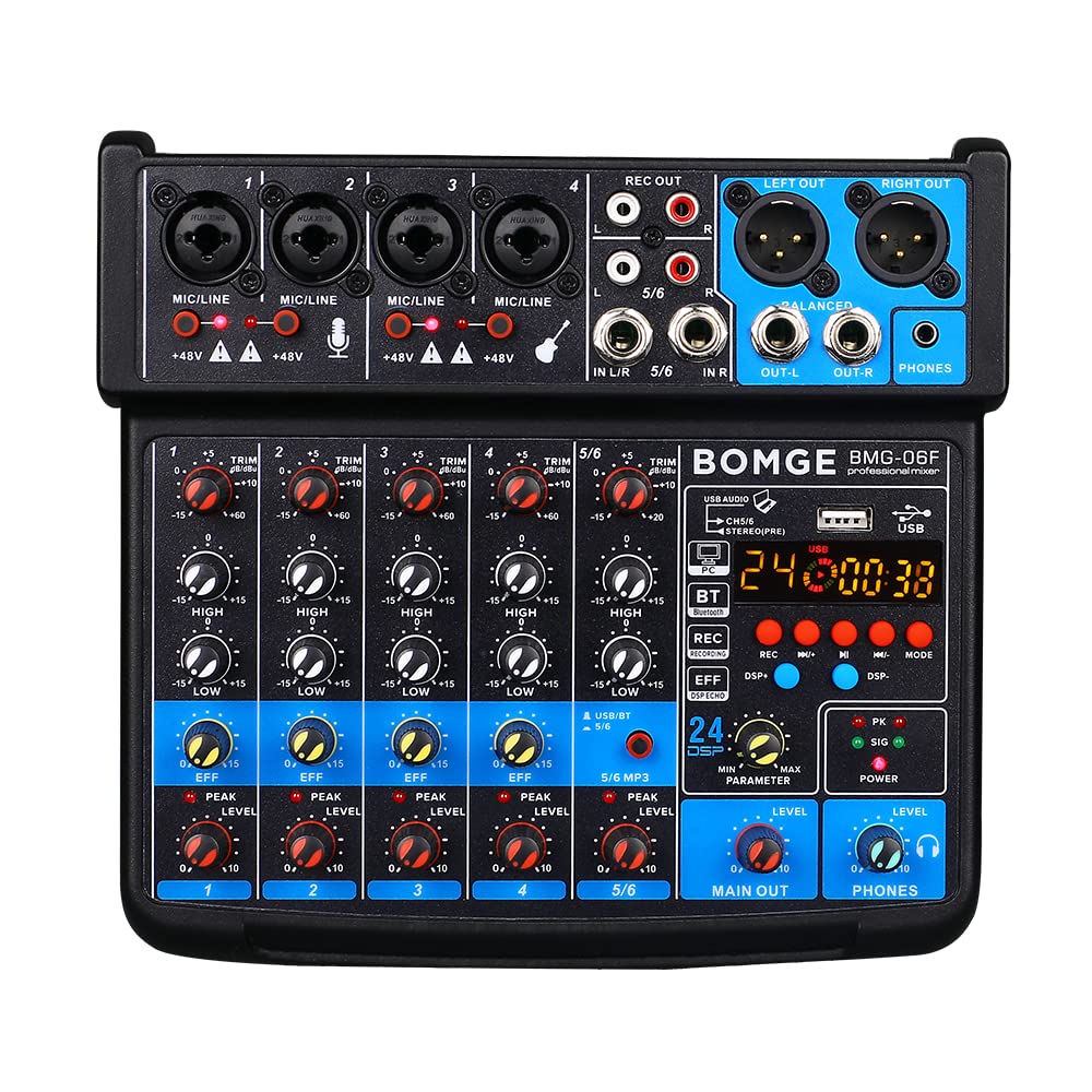 BOMGE 6 Channel mini DJ Audio sound mixer console with USB interface, Bluetooth, Stereo ...