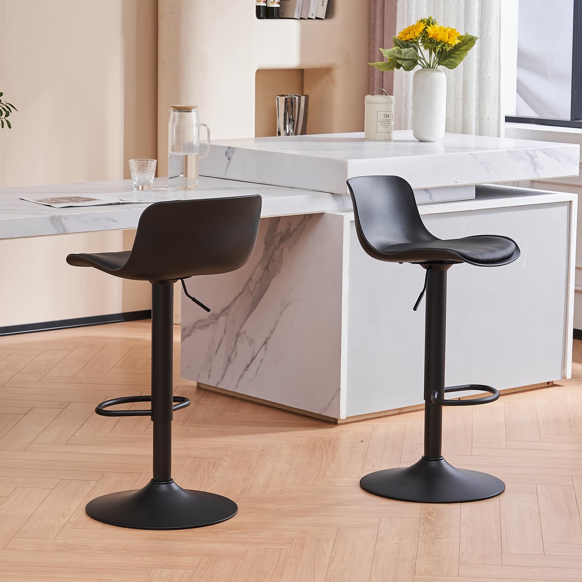 YOUNIKE Bar Stools Set of 2 Modern Black PU Counter Height Barstool, High Padded Adjustable ...