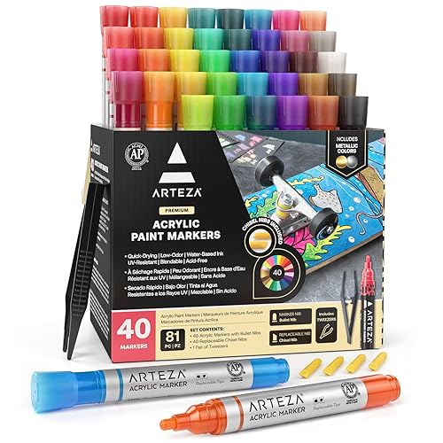 ARTEZA Acrylic Paint Markers, Set of 40 Acrylic Paint Pens in Assorted ...