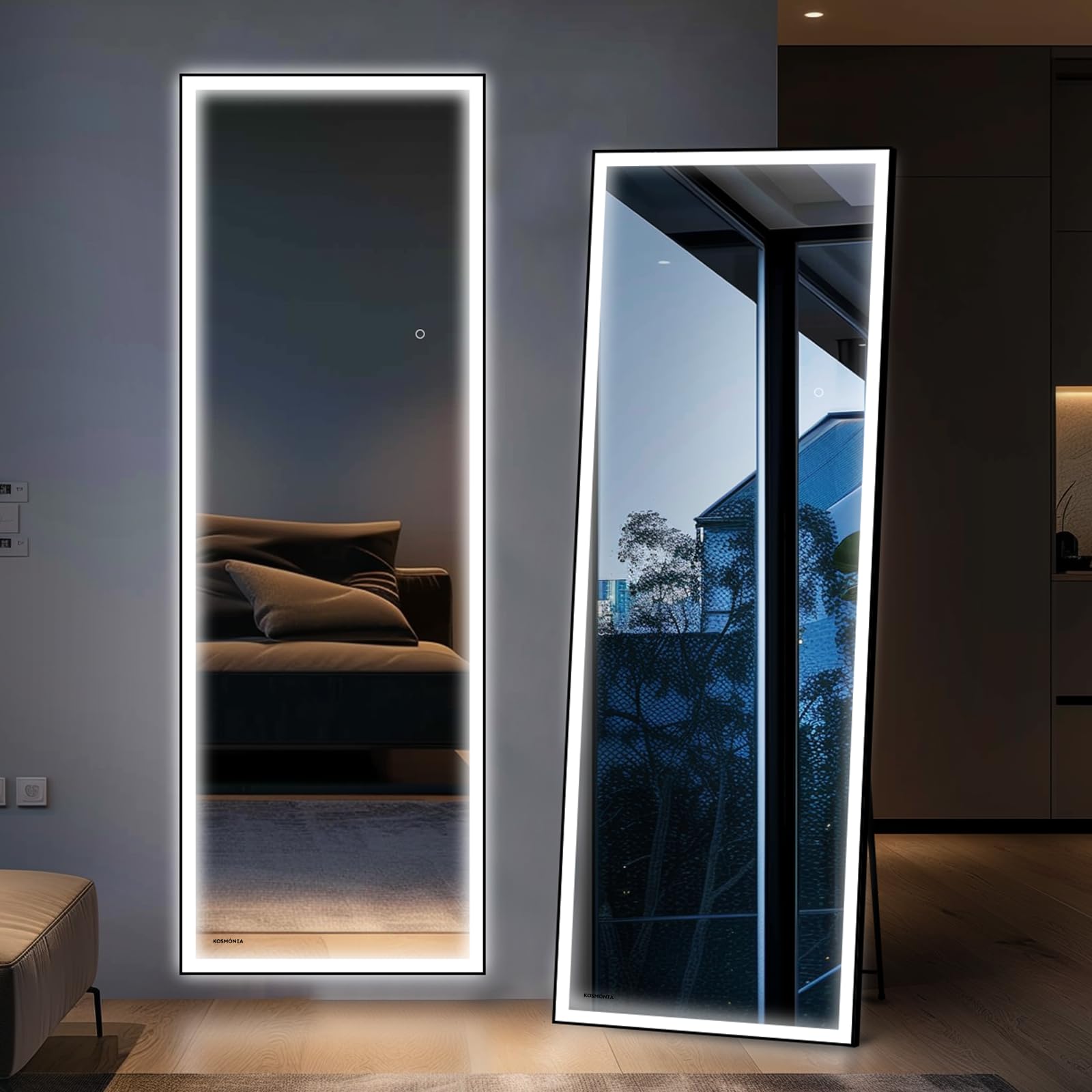 Kosmonia 72x24 Full Length Mirror, Dimmable 3 Color LED Light w/Memory ...