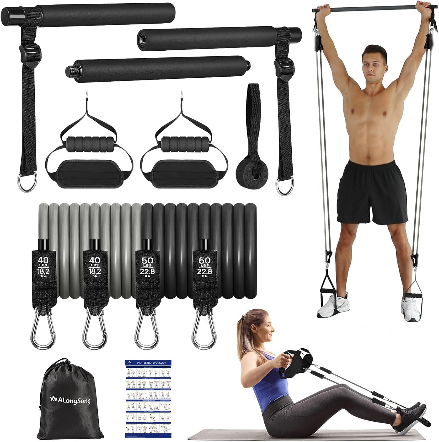 ALongSong Pilates Bar Set with Latex Elastic Resistance Bands 40/50LBS ...