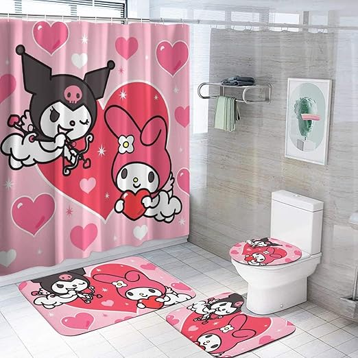 4pcs Lovely Kuromi and My Melody Shower Curtain Set with Non-Slip Rug ...