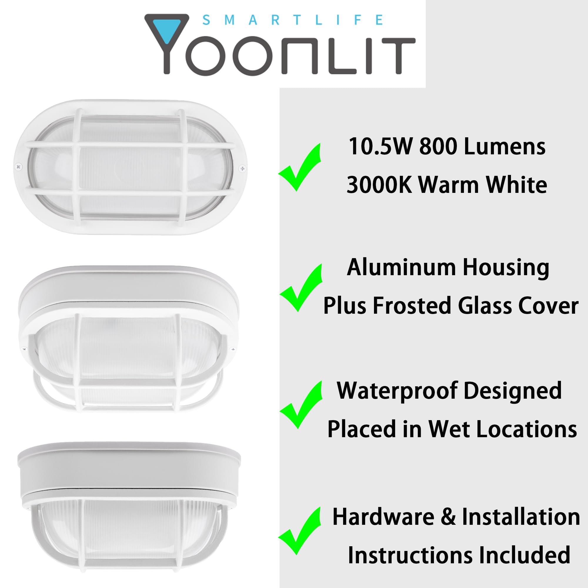 YoonLIT 8.5 Inch Outdoor Oval LED Bulkhead Light Fixture, Wall Or Ceiling Flush Mount Waterproof ...