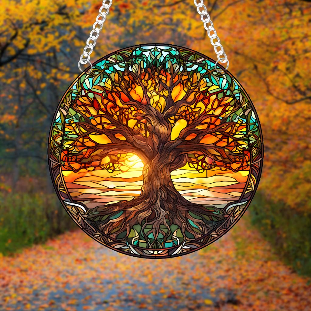 DRWSSR Tree of Life Stained Glass Suncatcher Nature Round Big Trees and ...