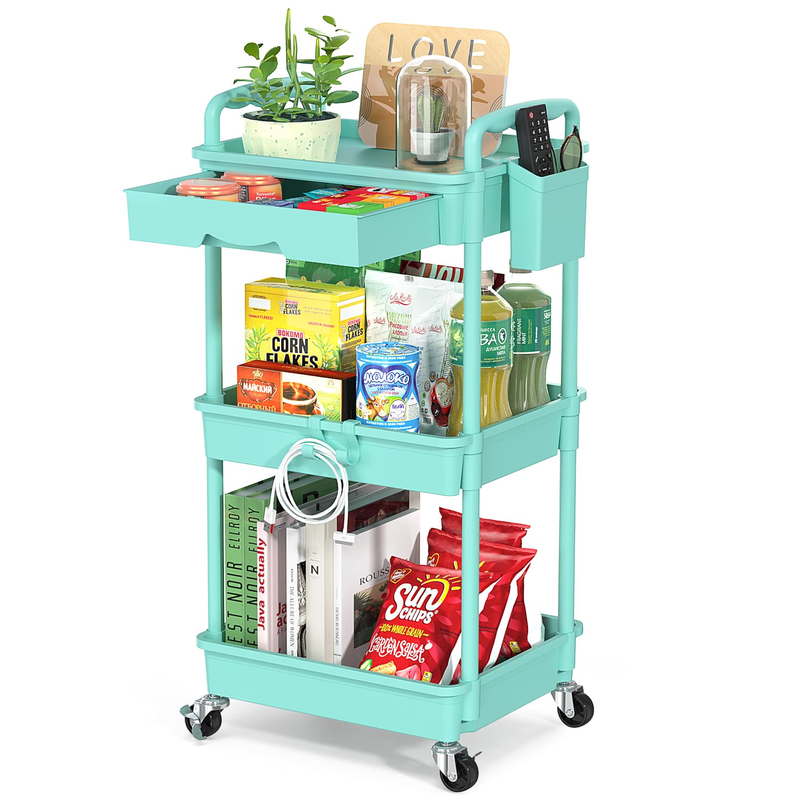 EaseSky 3-Tier Rolling Cart with Drawer & Lockable Wheels, Plastic ...