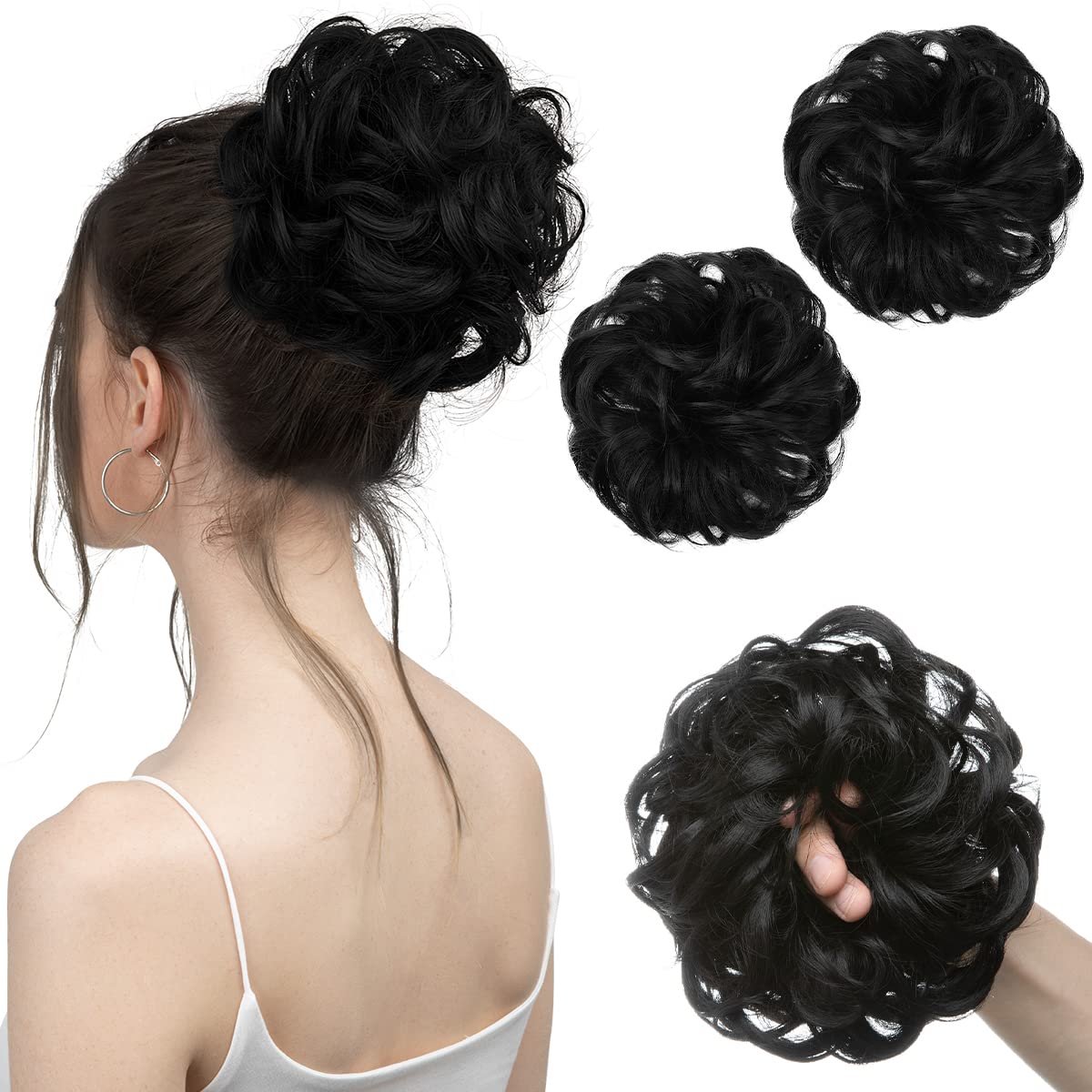 SARLA 2PCS Messy Hair Bun Hair Pieces Wavy Curly Synthetic Updo Fake ...