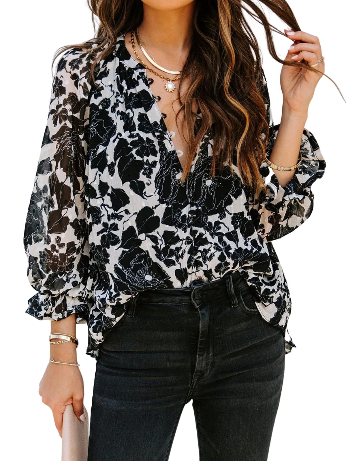 XS Aoudery Womens Casual Boho Floral Print V Neck Long Sleeve Blouses ...