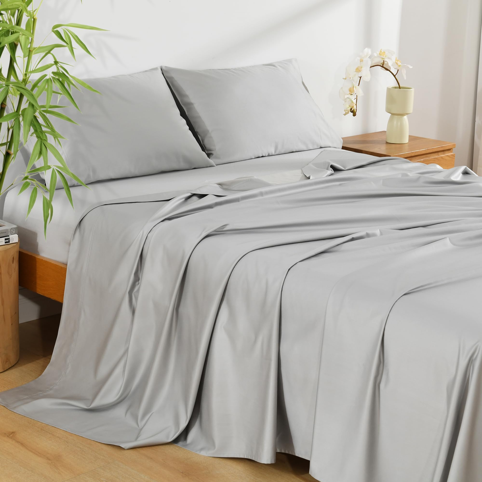 NATUREFIELD Bed Sheets Set Split King Size (5pc), Rayon Derived from Bamboo & Organic Cotton ...
