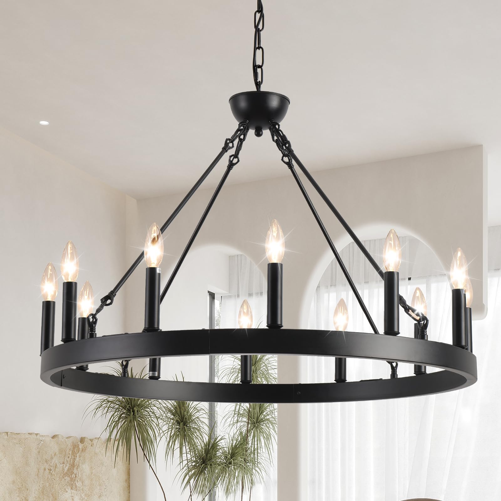 VBKK Wagon Wheel Chandelier 32" 12-Light, Round Black Chandeliers ...