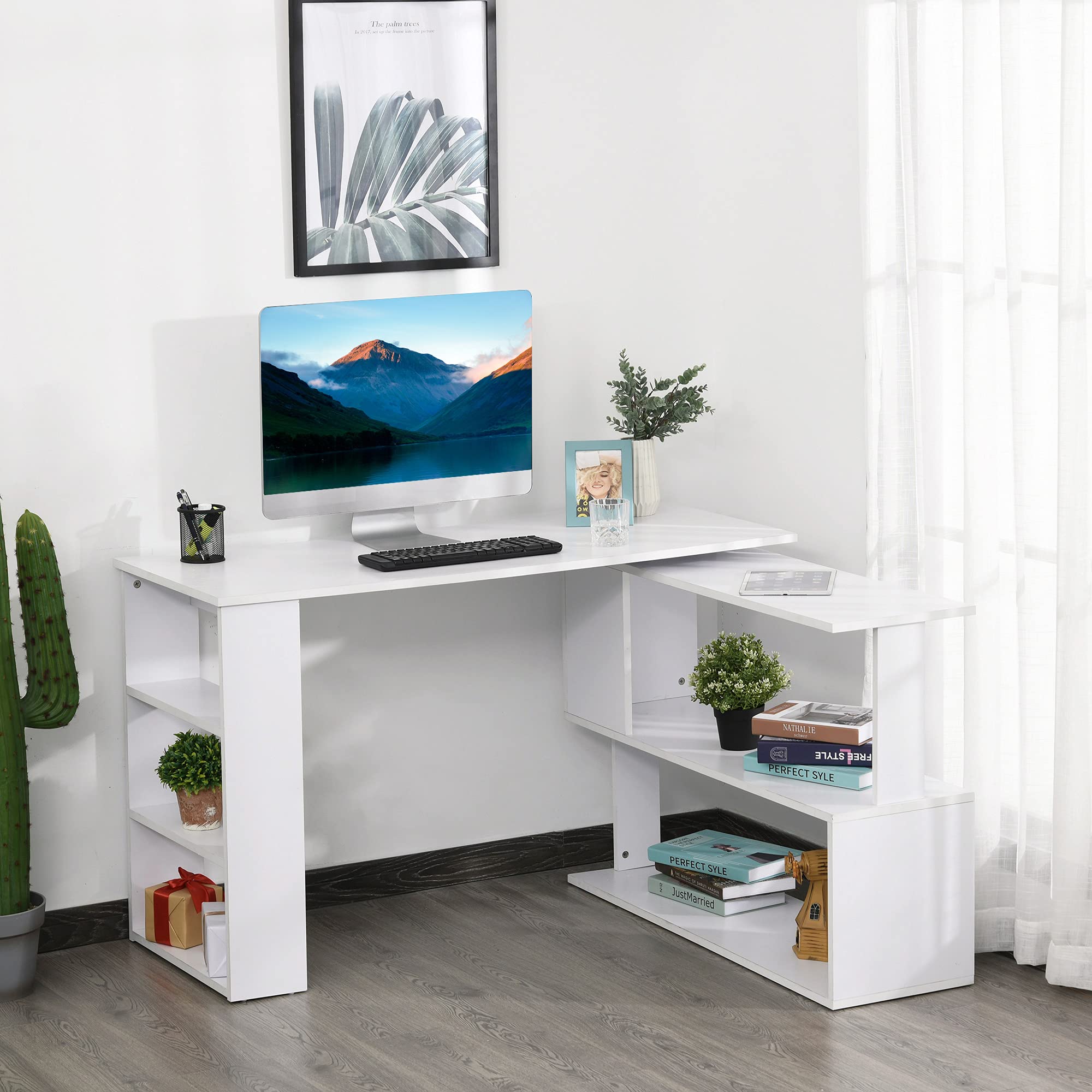 HOMCOM L Shaped Desk, Corner Computer Desk, 360 Degree Rotating Home Office Desk With Storage ...
