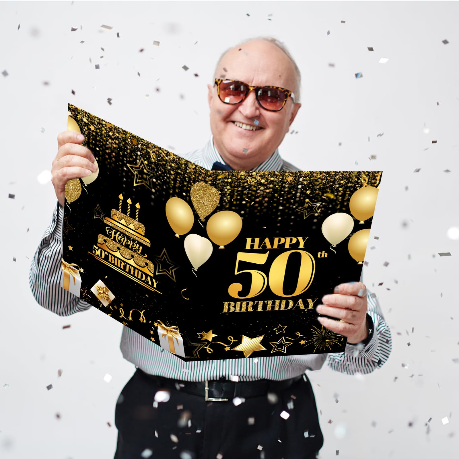 QIFU Large 50th Birthday Card Decorations For Men Women Black Gold