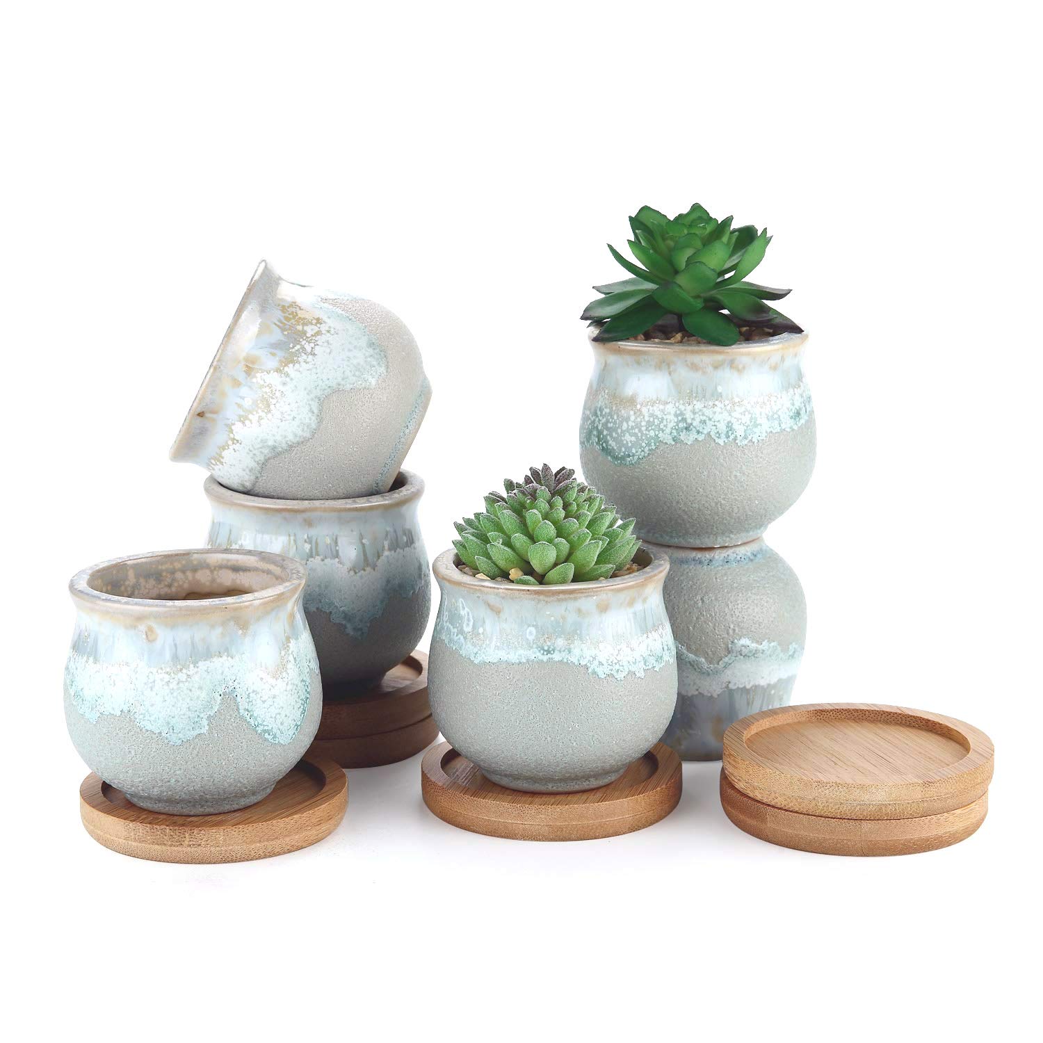 T4U 6CM Inch Ceramic Plant Pot with Bamboo Saucers Set of 6, Flowing ...