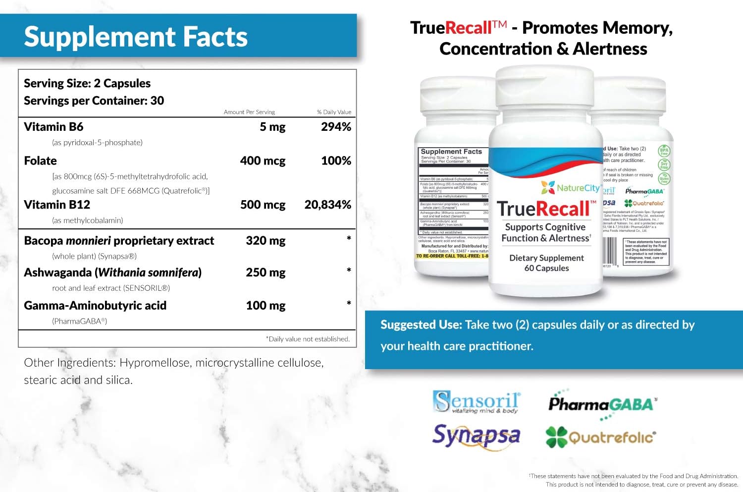 True-Recall Brain and Memory Support Supplement Natural GABA Sensoril ...