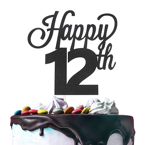 LINGTEER Happy 12th Birthday Black Cake Topper - Cheers to Twelve Years ...