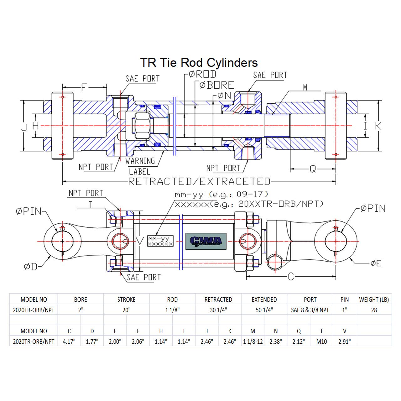 SAE 8 and 1/2 NPT CWA Hydraulics TR Tie Rod Hydraulic Cylinder 3 1/2 ...